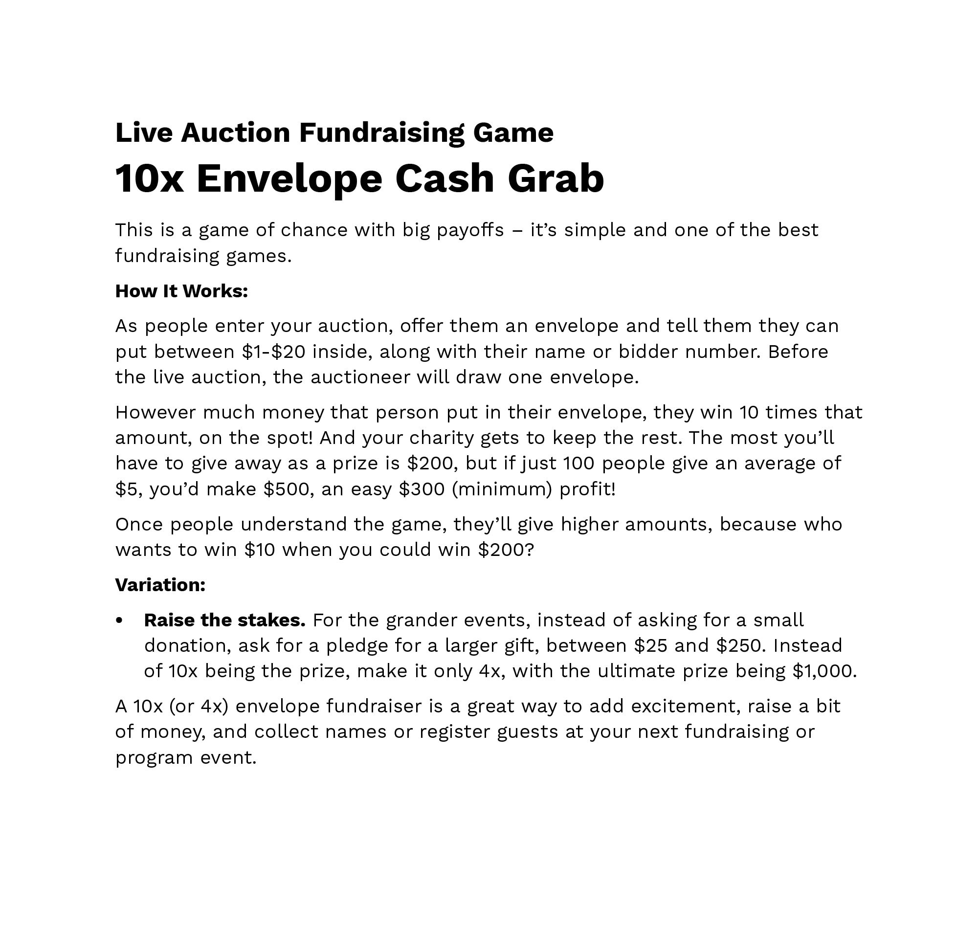 Auction Fundraising Signage for 10x Envelope Cash Grab Game (Download ...