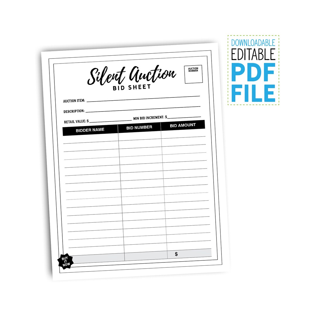 Editable Silent Auction Bid Sheet With "buy It Now" Line, PDF ...