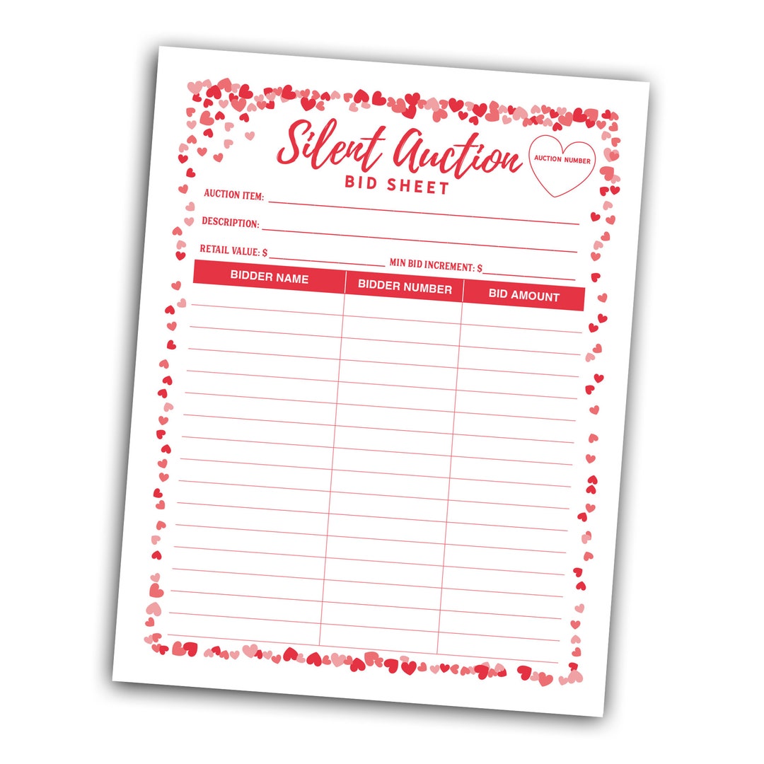 Editable Silent Auction Bid Sheet - Love, Valentines Day, Hearts - PDF ...