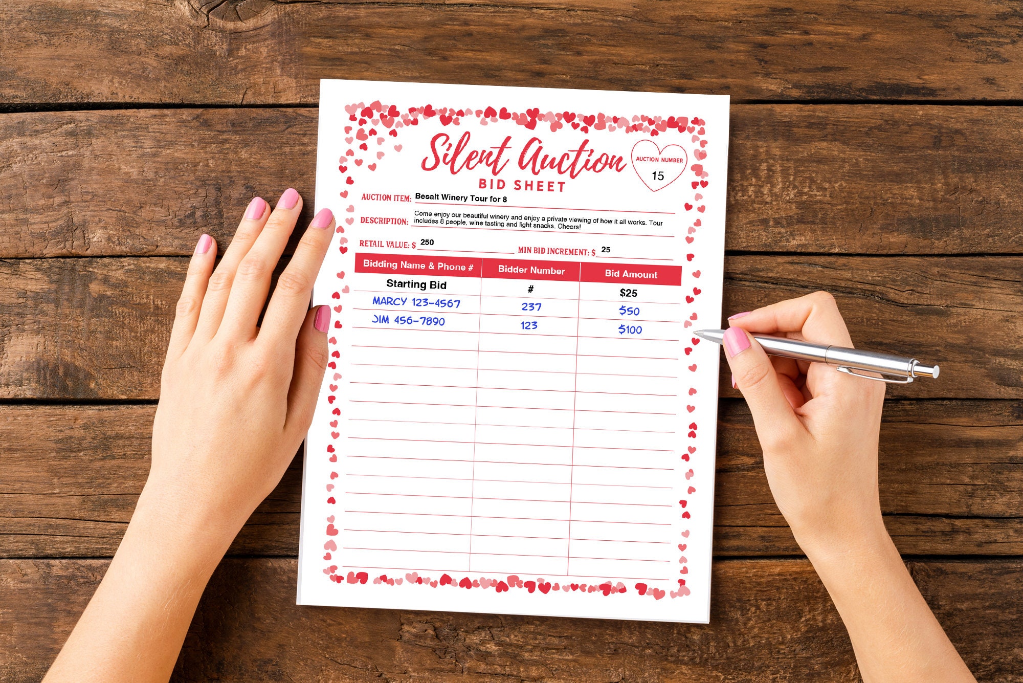 Editable Silent Auction Bid Sheet - Love, Valentines Day, Hearts - PDF ...
