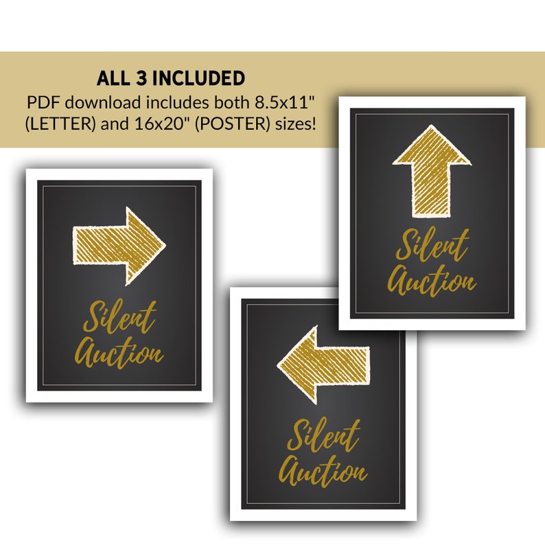 3 Silent Auction Directional PDF Posters in 2 Sizes, Fundraiser, School ...