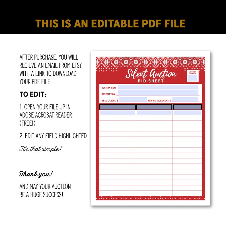 Editable Silent Auction Bid Sheet - PDF File, Winter, Holidays, Auction ...