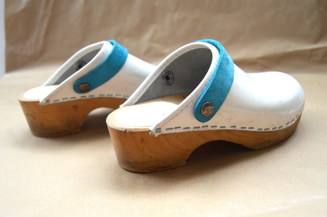 Vintage Clogs 90s Wooden Girls Clogs White Leather Slip on | Etsy