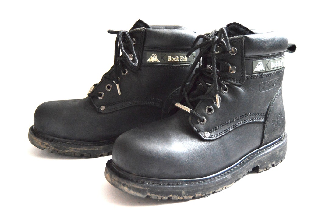 Vintage Heavy Boots Leather Rock Fall Lace up Boots Grunge Black Safety ...