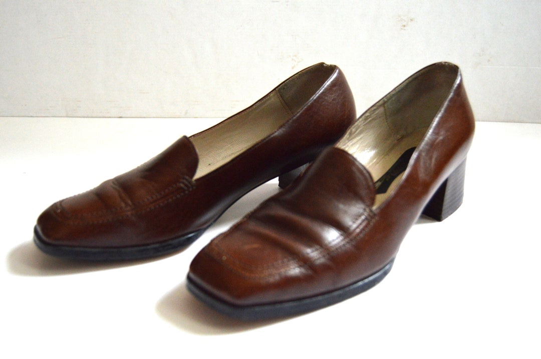 Vintage Brown Leather Shoes Square Toe Pumps Block Heels Leather ...