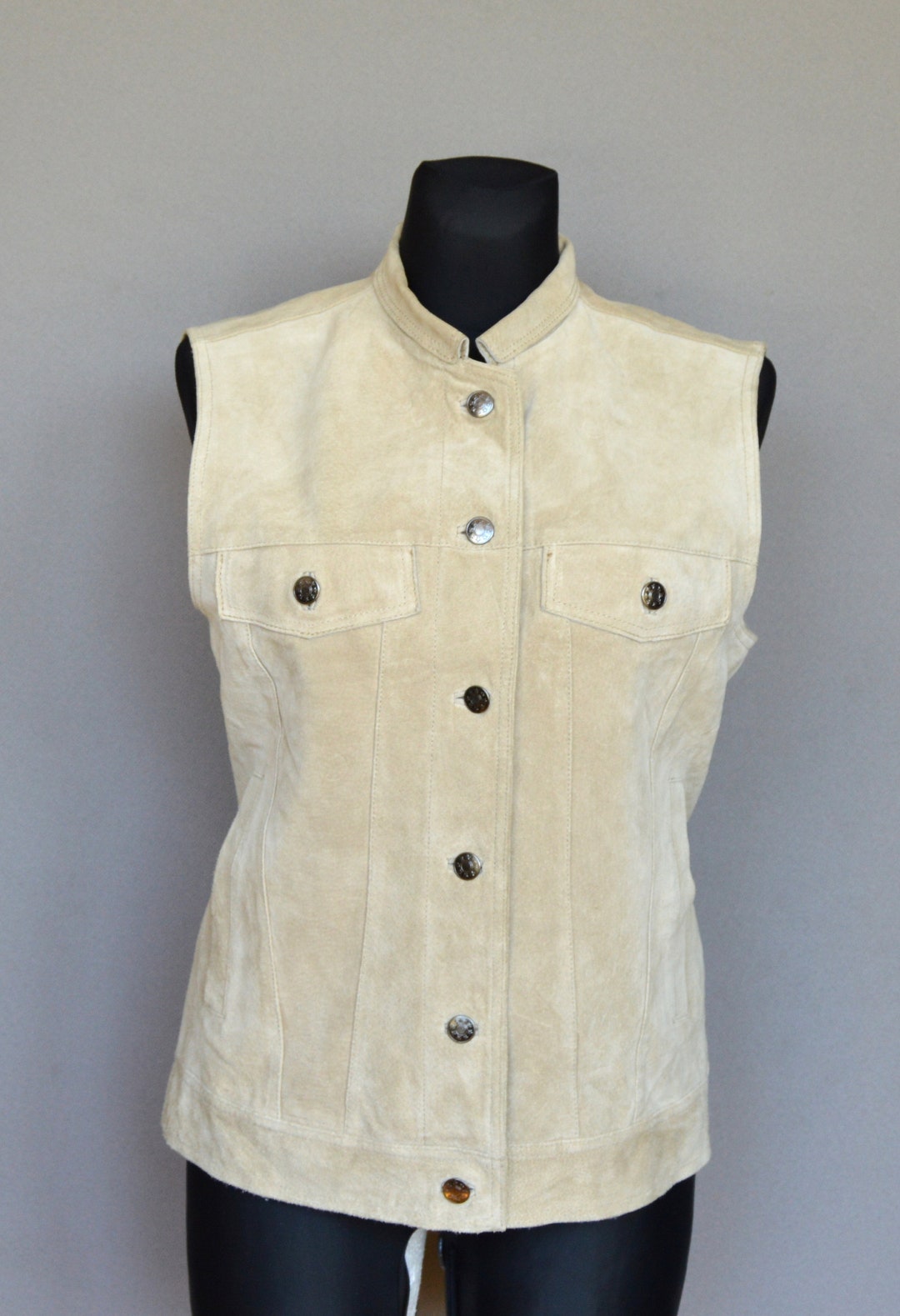 Vintage 90's Suede Vest Boho Beige Waistcoat Hippy Snap Buttons Real ...