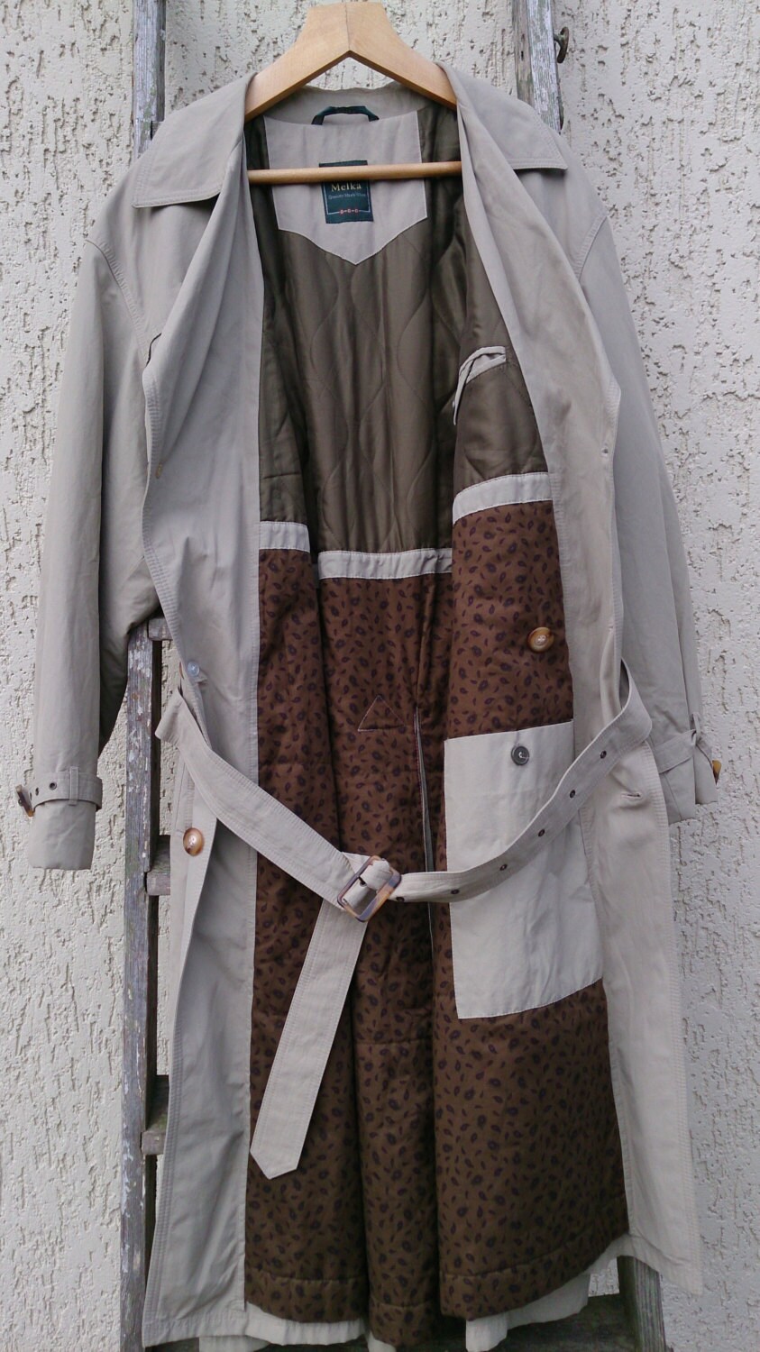 Vintage Men's Trench Coat Long Duster Jacket Melka Beige Double ...