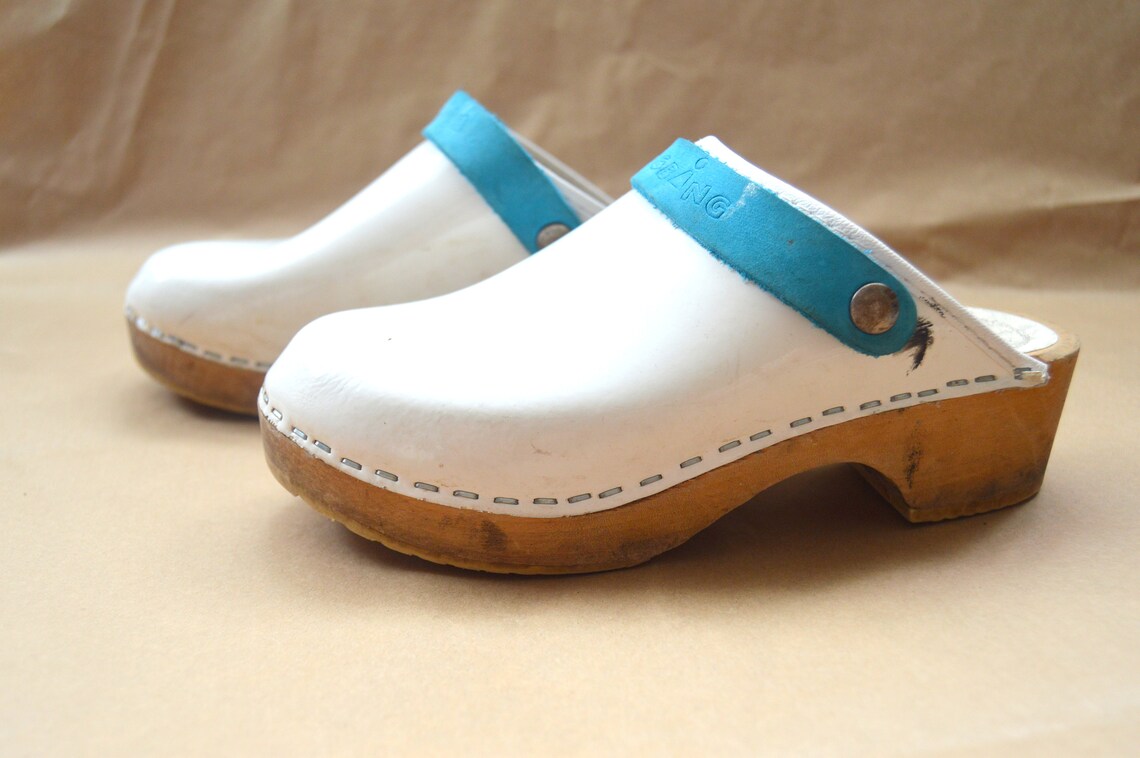 Vintage Clogs 90s Wooden Girls Clogs White Leather Slip on | Etsy