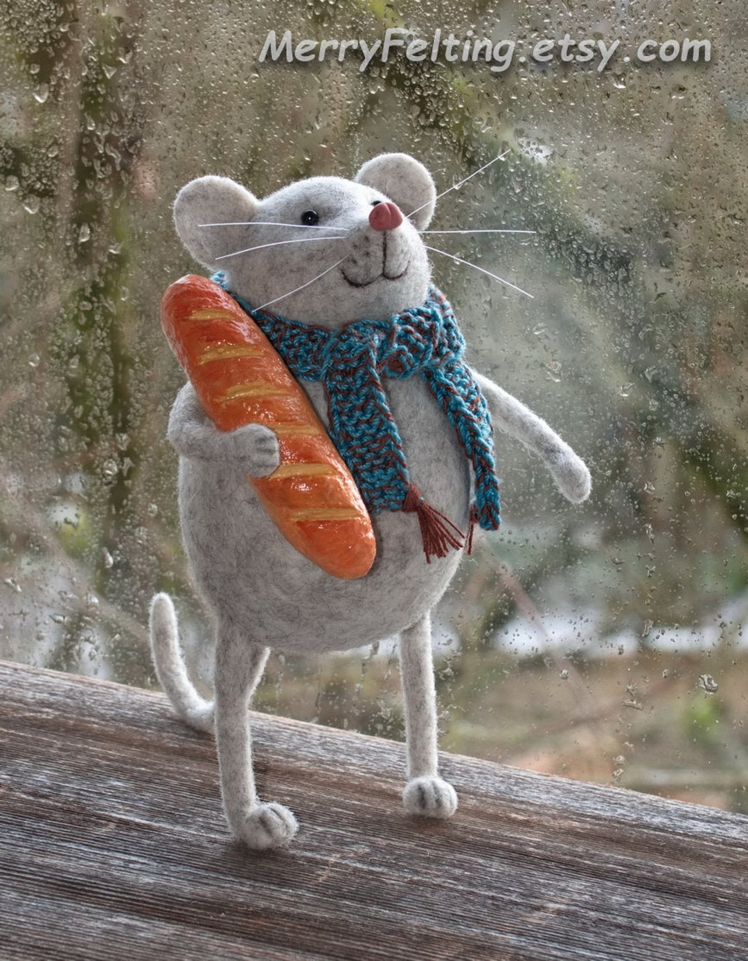 Mouse With Scarf, Happy Mouse, White Mouse With Baguette, Needle Felted ...