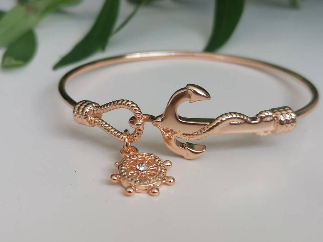 Anchor & Helm Bangle / Cubic Zirconia Stone / Plated in Rose Gold or ...
