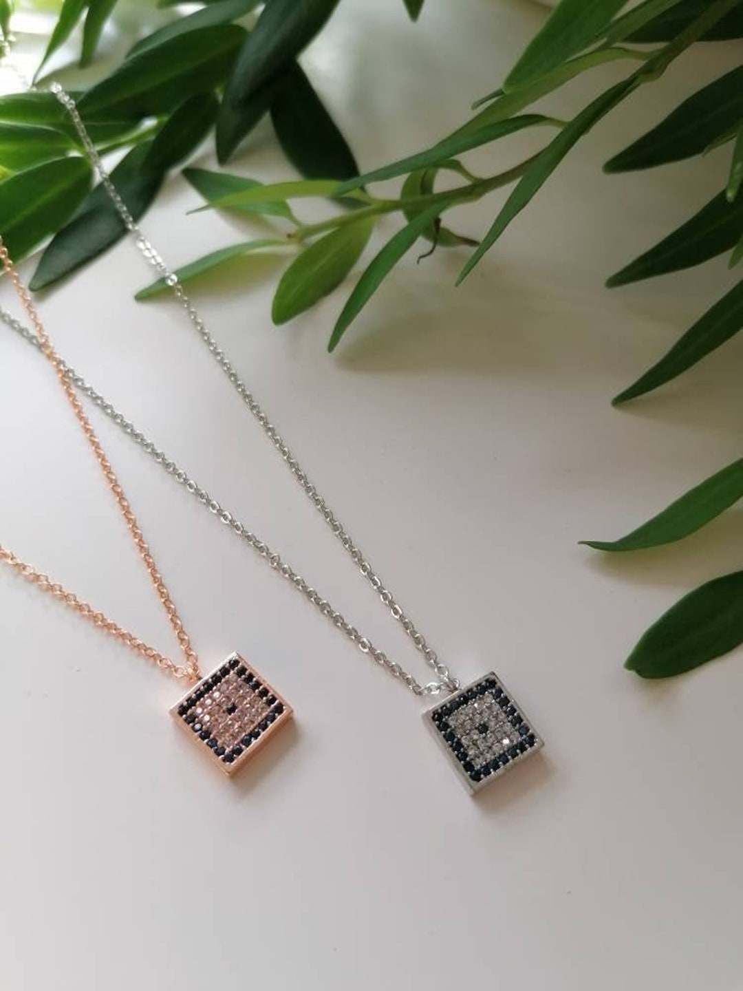 Square Nazar Evil Eye Necklace / Rose Gold or Silver / Embedded With ...