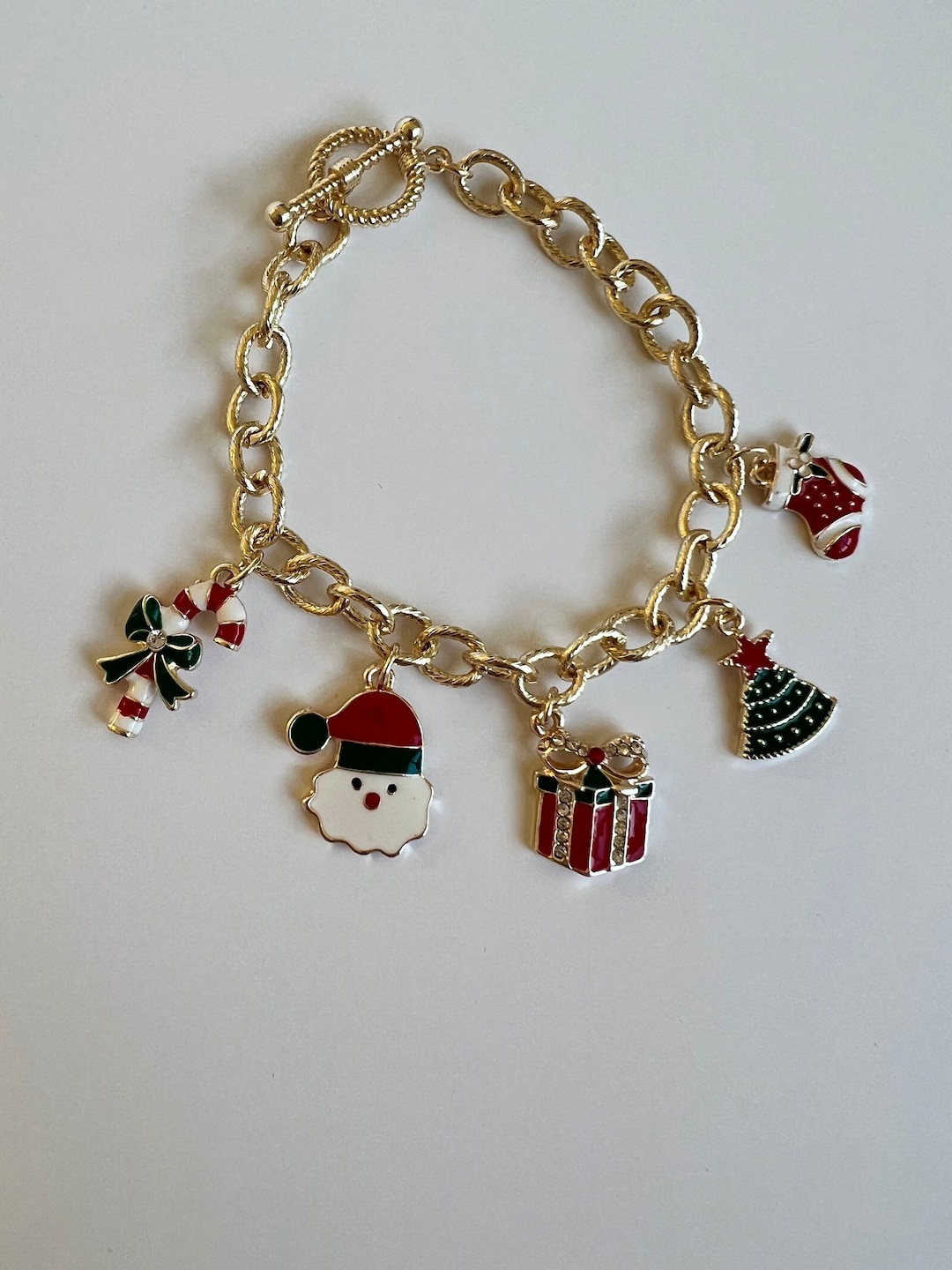 Christmas Bracelet - Gold Chunky Chain - Novelty Santa Charm, Xmas Tree ...