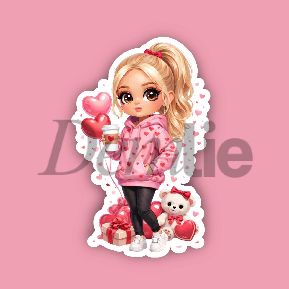 Valentine Girl PNG Clipart – Cute Coffee Lover Illustration, Pink ...