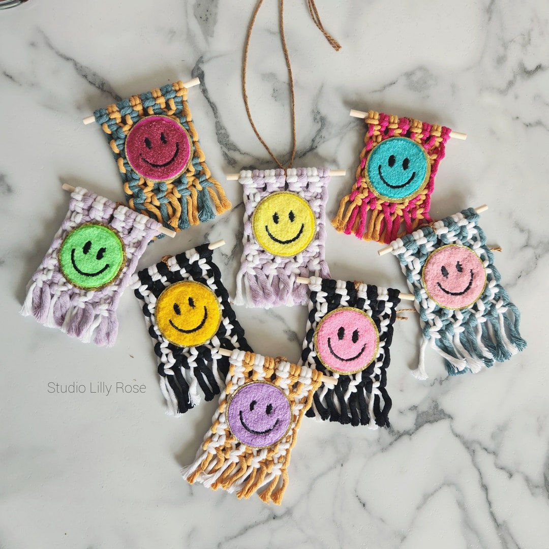 Checkered Smiley Face Macrame Rearview Mirror Hanging | Review Mirror ...