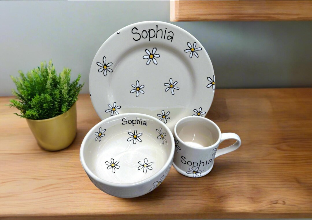 Personalised Child Daisy Dinner Set, Ceramic Plates & Bowl Set, Gift ...