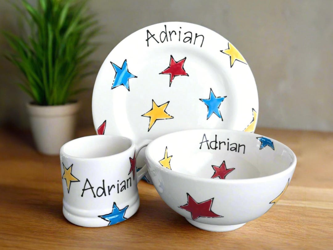 Personalised Child Dinner Set, Ceramic Plates & Bowl Set, Gift for ...