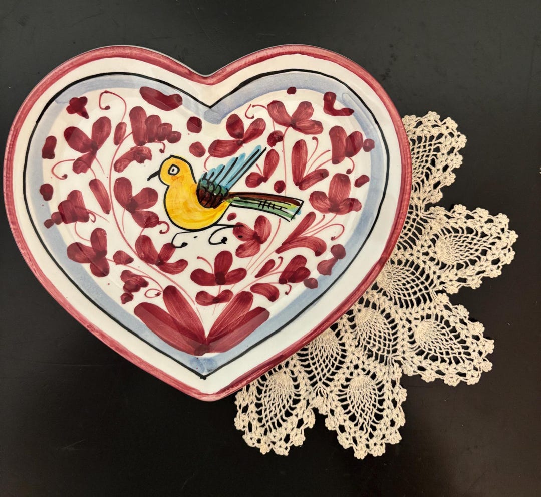 Vintage Mario Sambuco Ceramic Heart Trinket Dish Featuring Yellow Bird ...