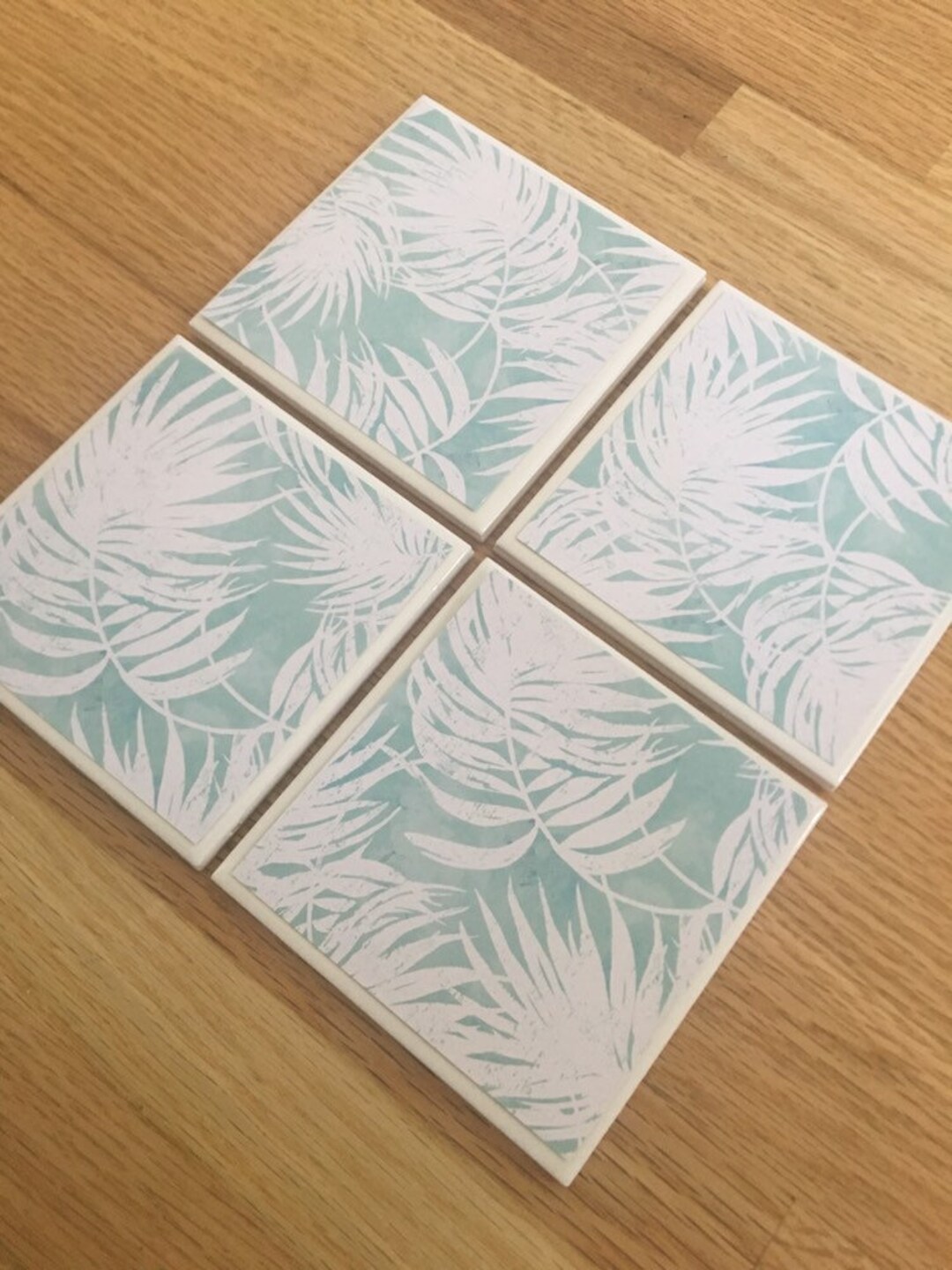 Turquoise Tropical Leaves Tile Coasters, Ceramic Coasters, Drink ...