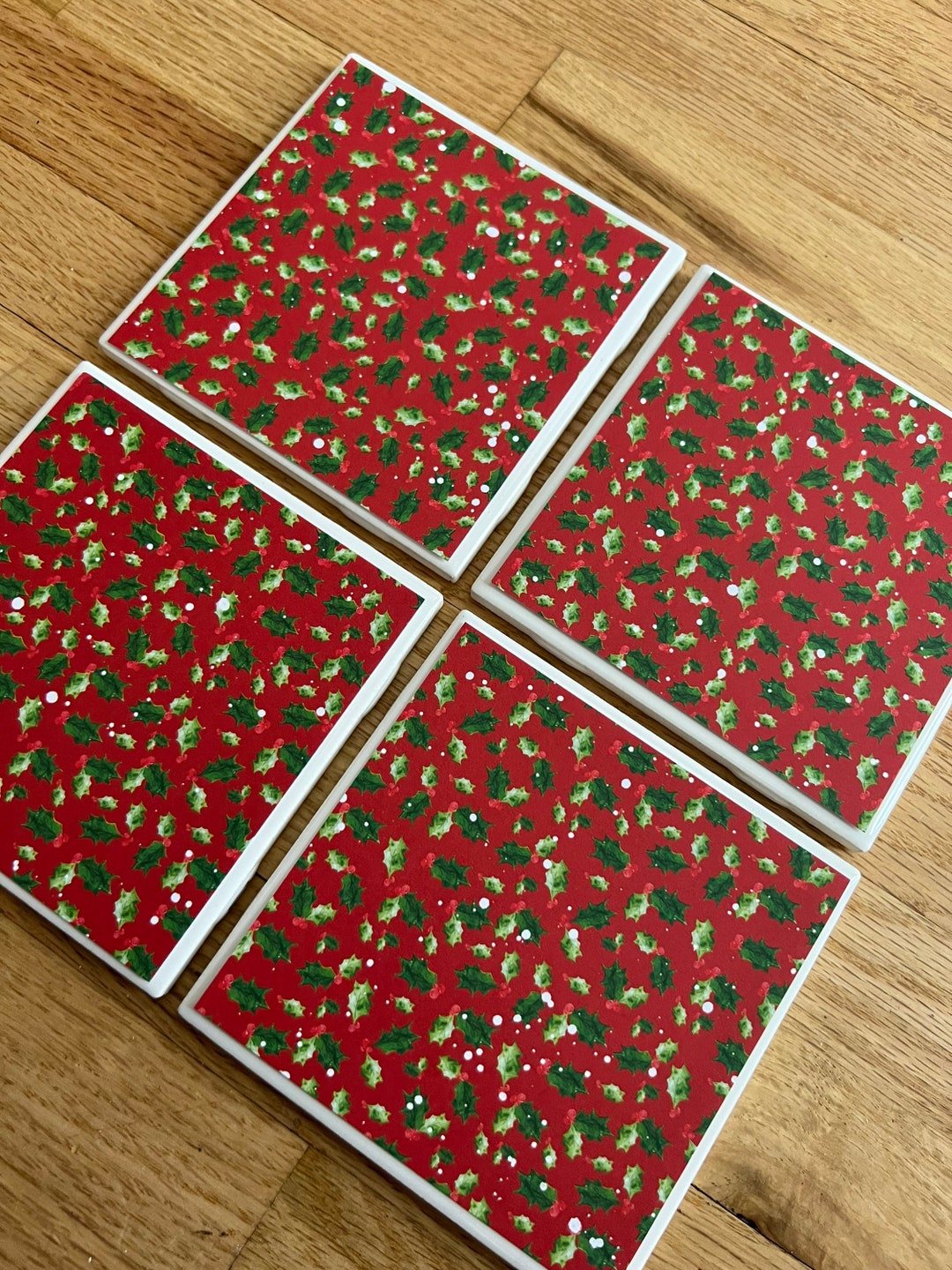 Red Christmas Holly Tile Coasters, Ceramic Coasters, Christmas Decor ...