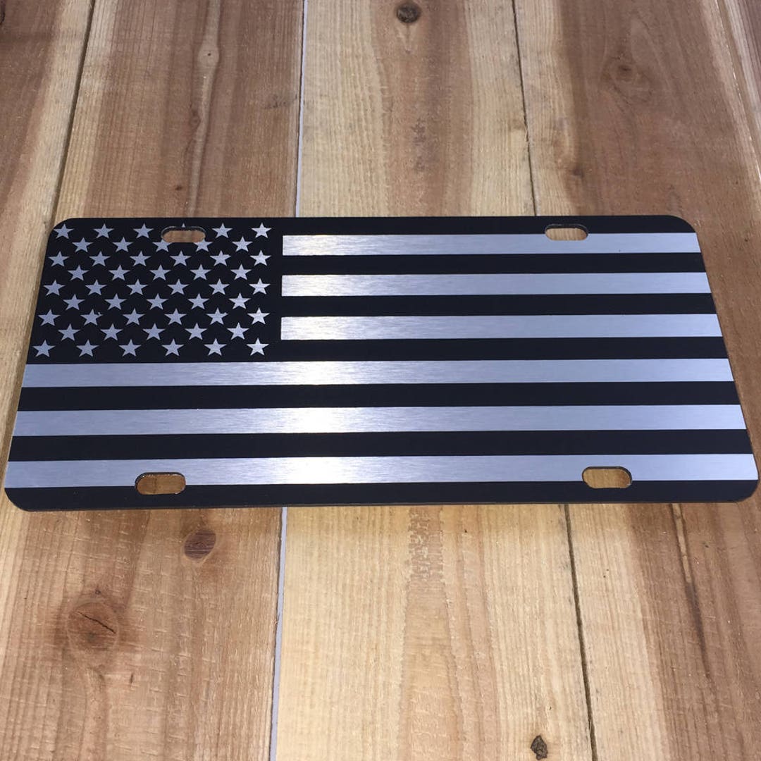 Chrome American Flag License Plate or Frame Matte Black on 1/8" Brushed ...
