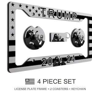 Trump 2024 American Flag License Plate Frame + Coasters + Keychain ...
