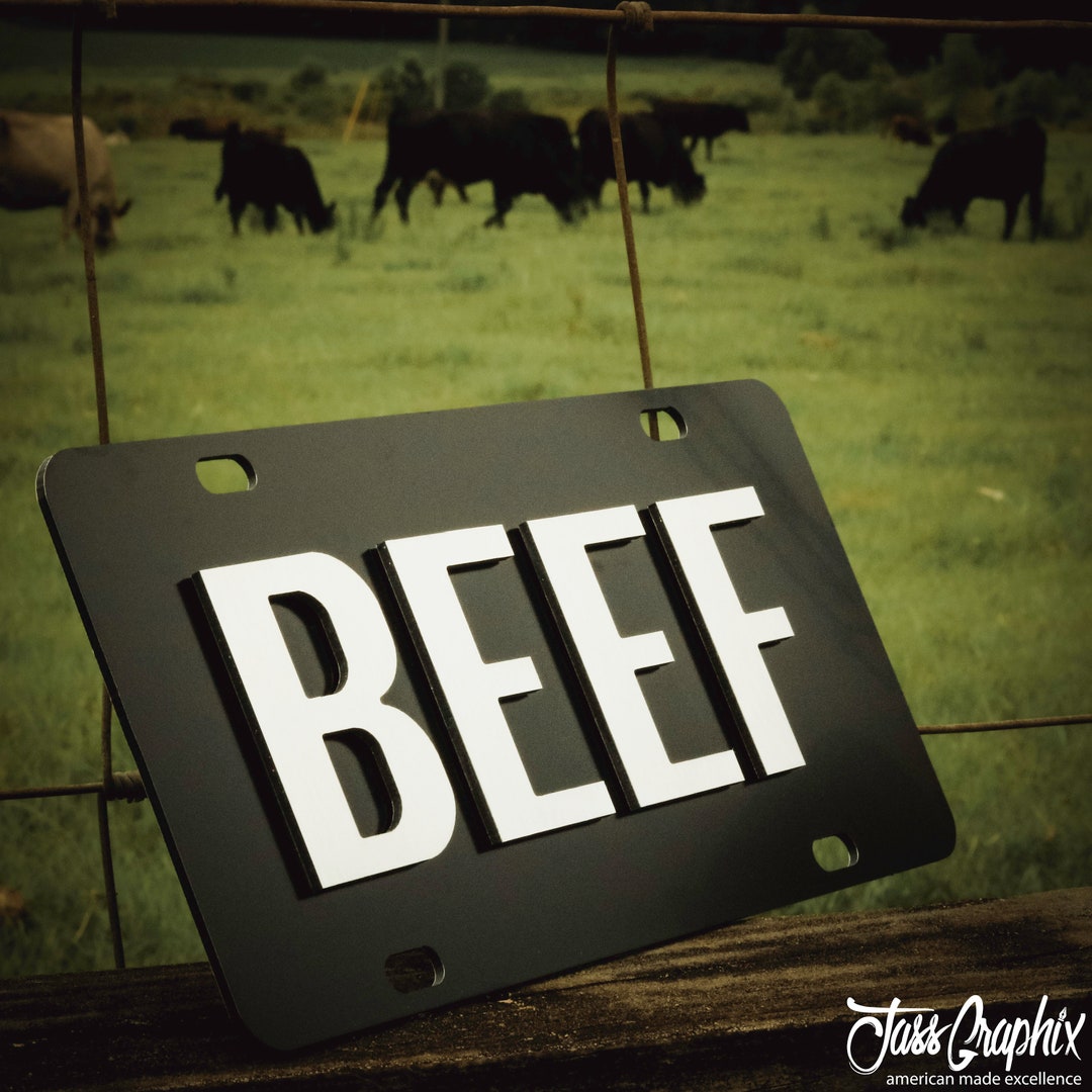 Beef License Plate Brushed Aluminum on Black 2-D Farmer Heavy Duty Car ...