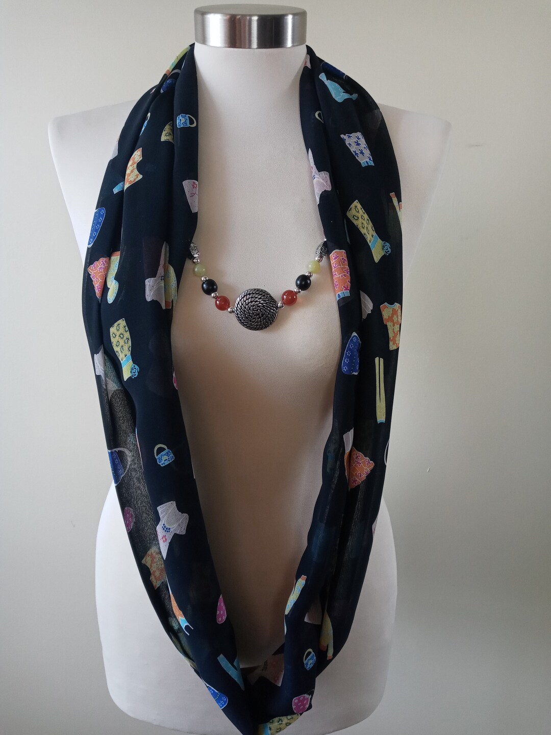 Black Multicolor Chiffon Infinity Scarf With Detachable Necklace - Etsy