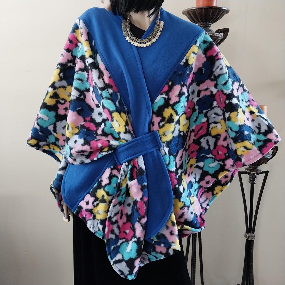 Women's Wrap/blue & Floral/ruana Wrap/winter Wrap/fleece Wrap/poncho ...