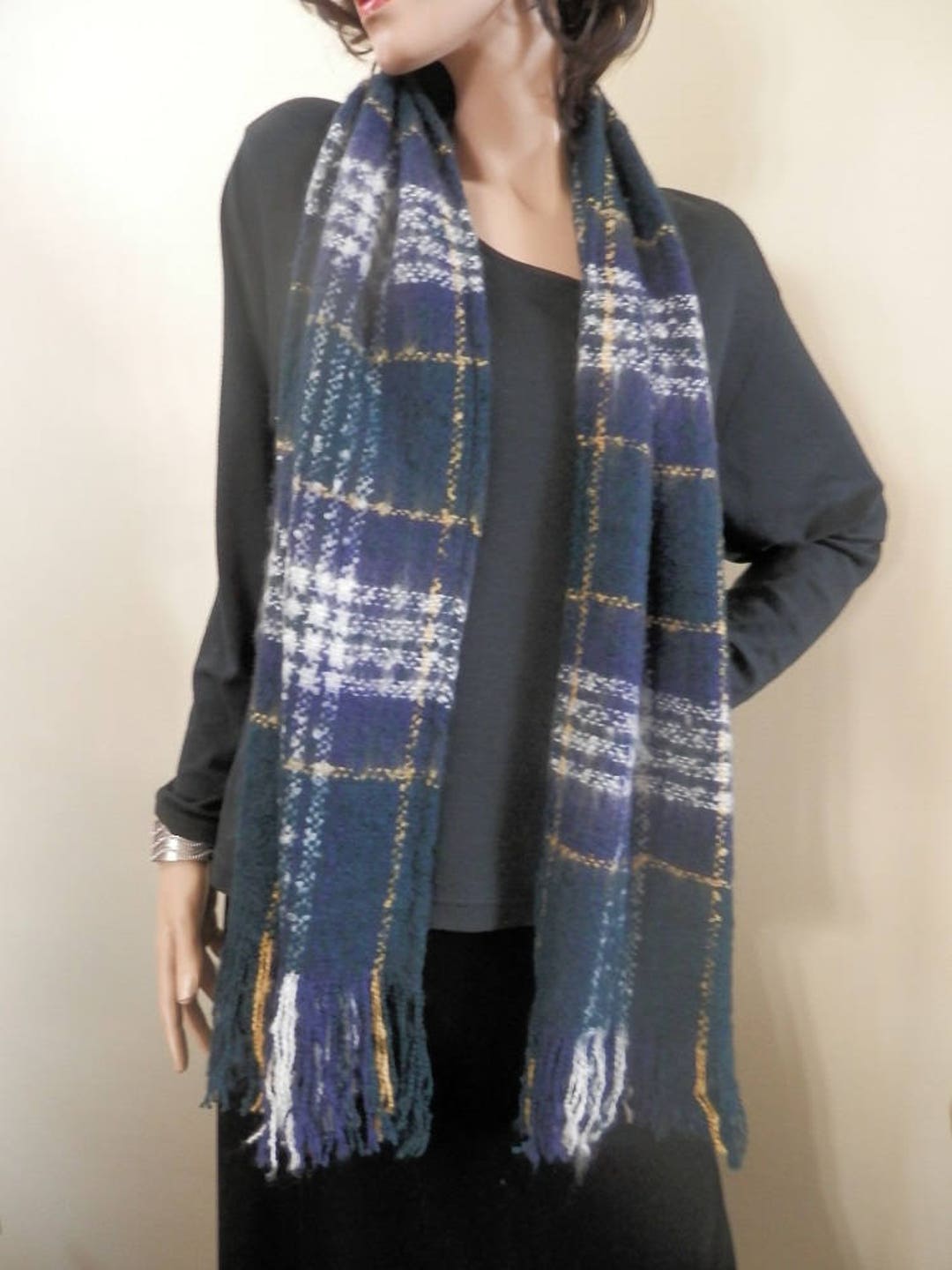 Long Warm Navy Blue and Green Plaid Winter Scarf With Fringes/winter ...