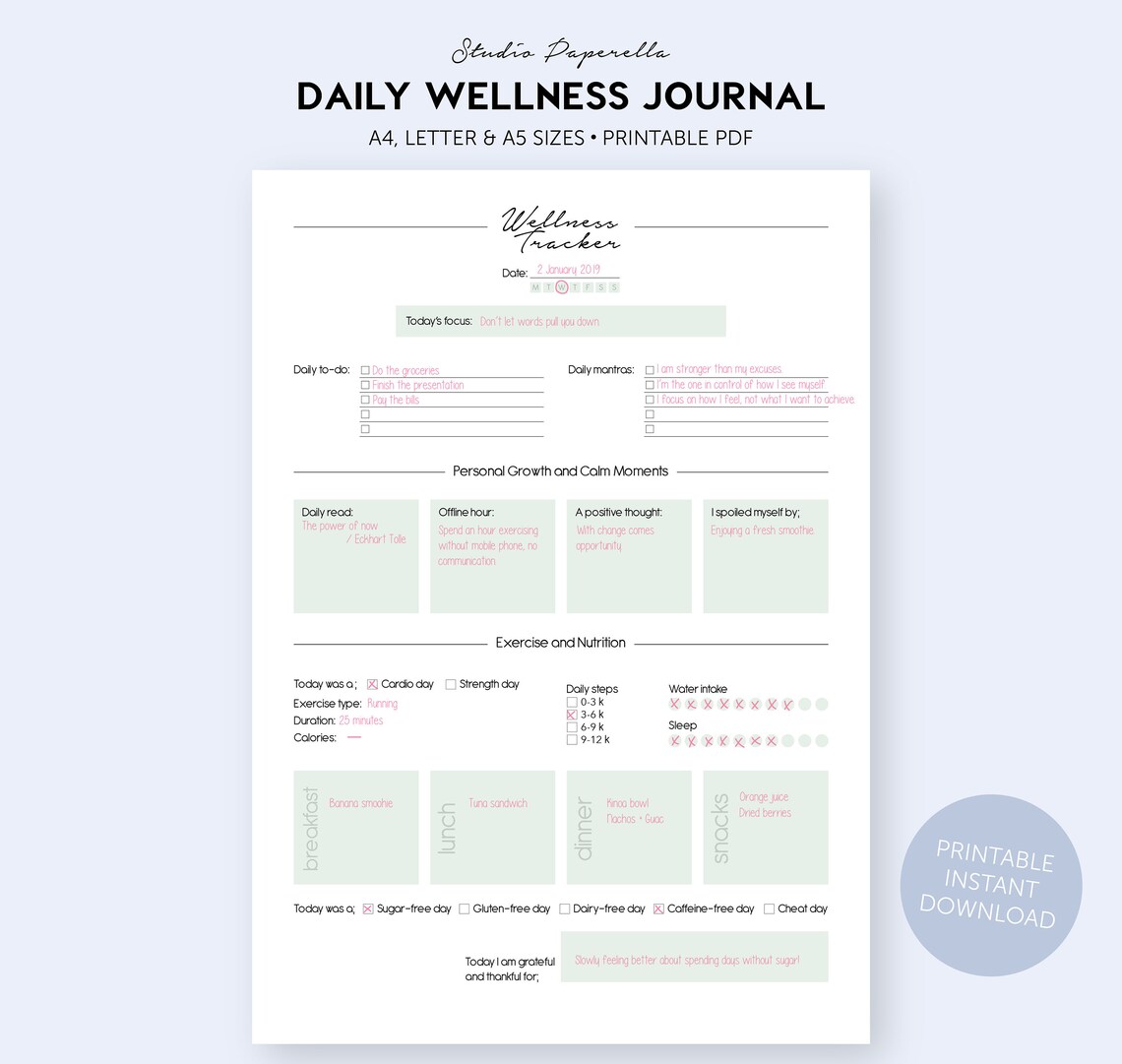Daily Wellness Journal Printable PDF Wellbeing Planner A4 | Etsy
