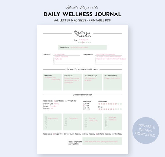 Daily Wellness Journal Printable PDF Wellbeing Planner A4 | Etsy