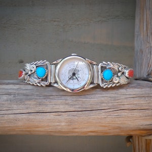 Vintage Native American Navajo Sterling Silver Leaf Turquoise Coral ...