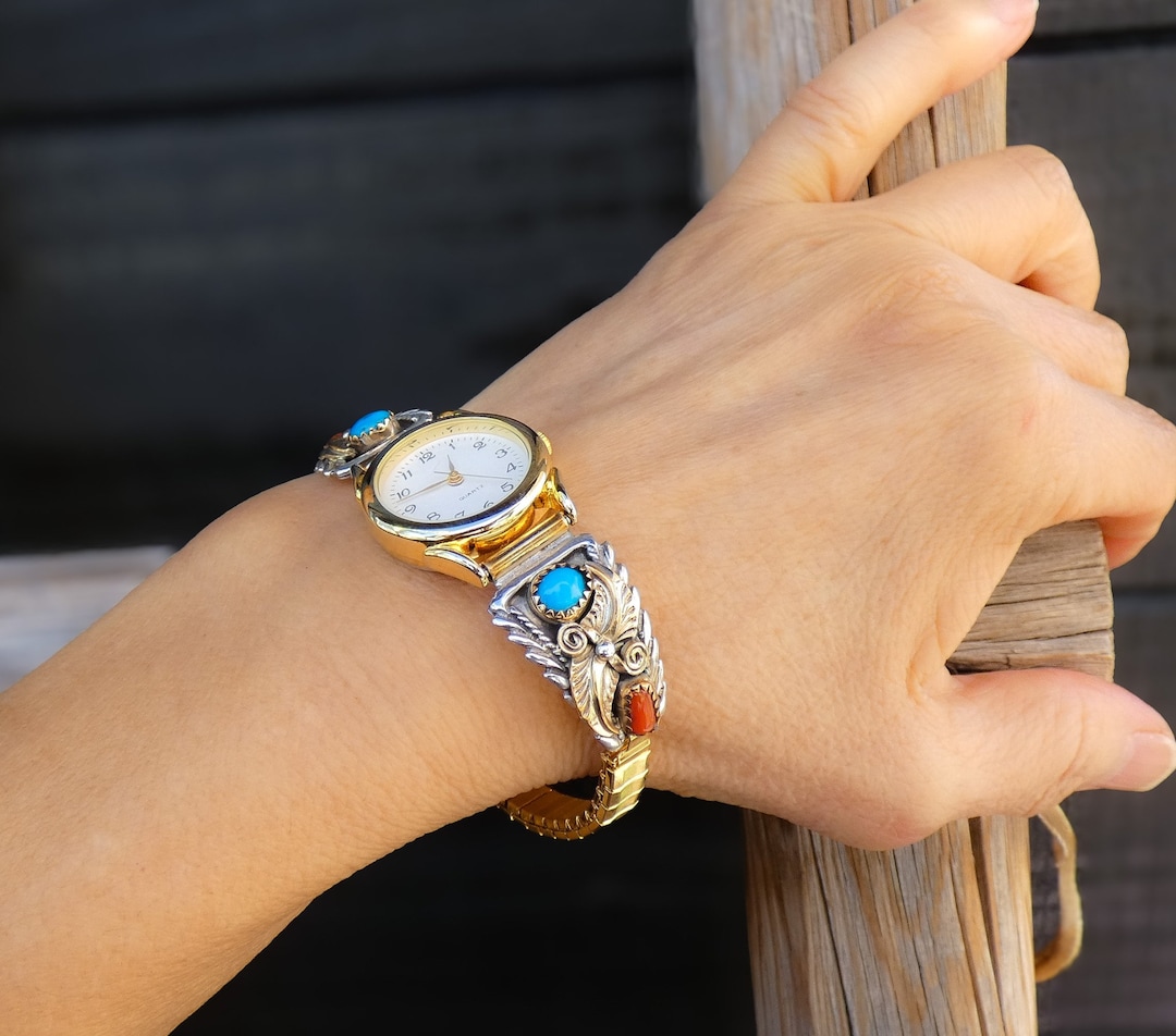 Native American Navajo Vintage 12KGF Silver Coral Turquoise Women's ...