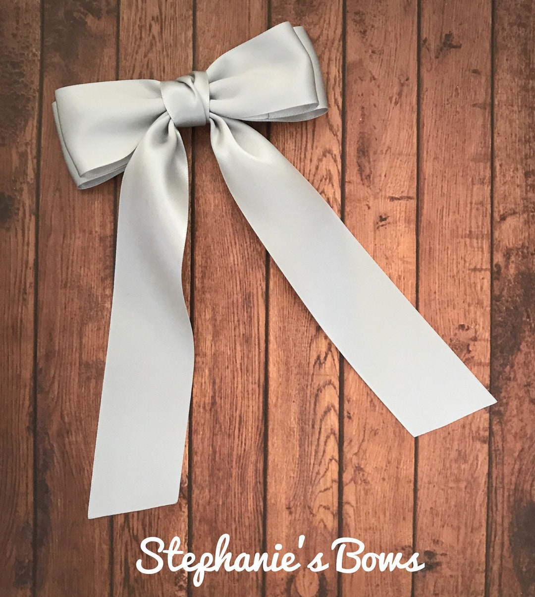 Long Tail Bow, Silver Bow, Satin Bow, Boutique Bow, Hairbow, Light Gray ...