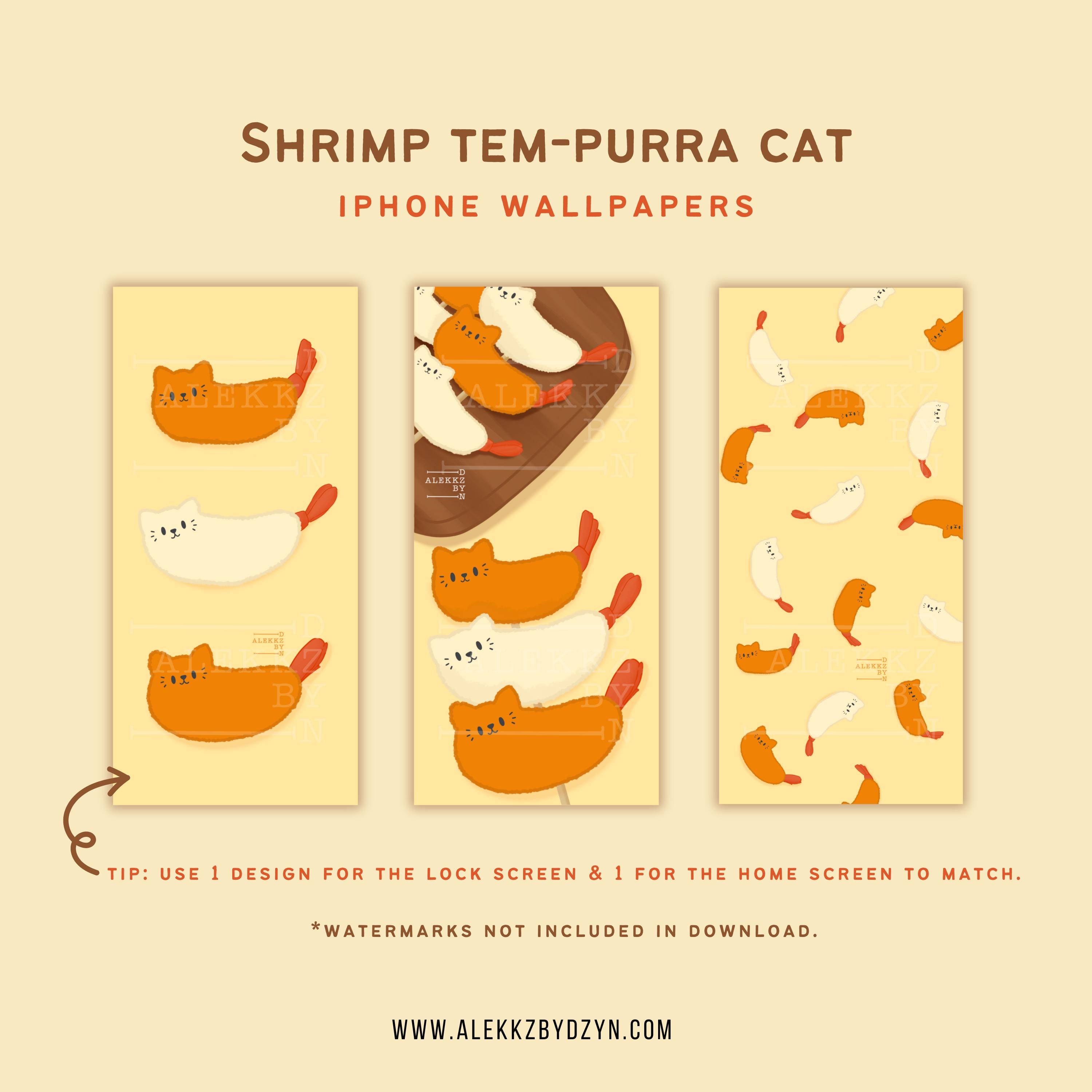 3 Hand Drawn Cute Shrimp Tem-purra Cat Skewer iPhone Wallpapers Kawaii ...