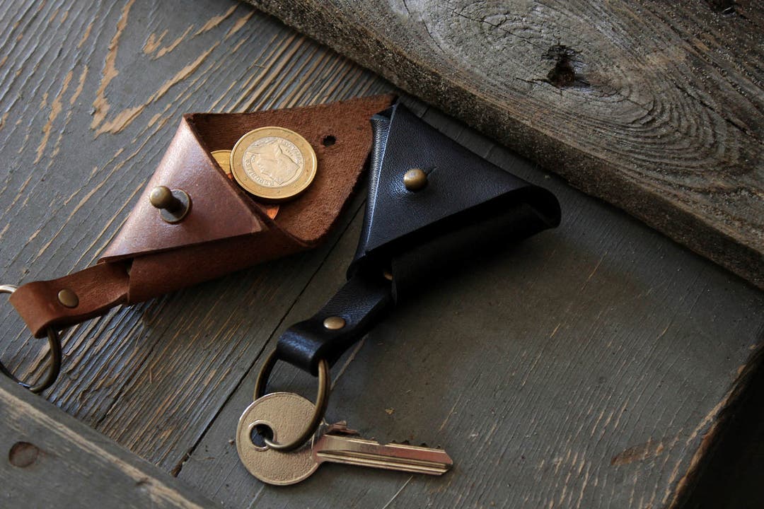 Leather Keychain, Leather Key Holder, Triangle Key Fob, Small Coin ...