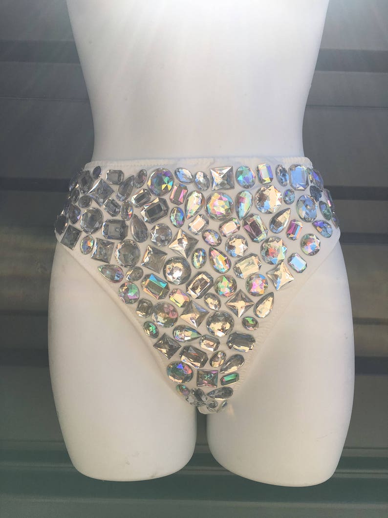 Rave Bottoms White High Waist Bottoms Rhinestone High Etsy