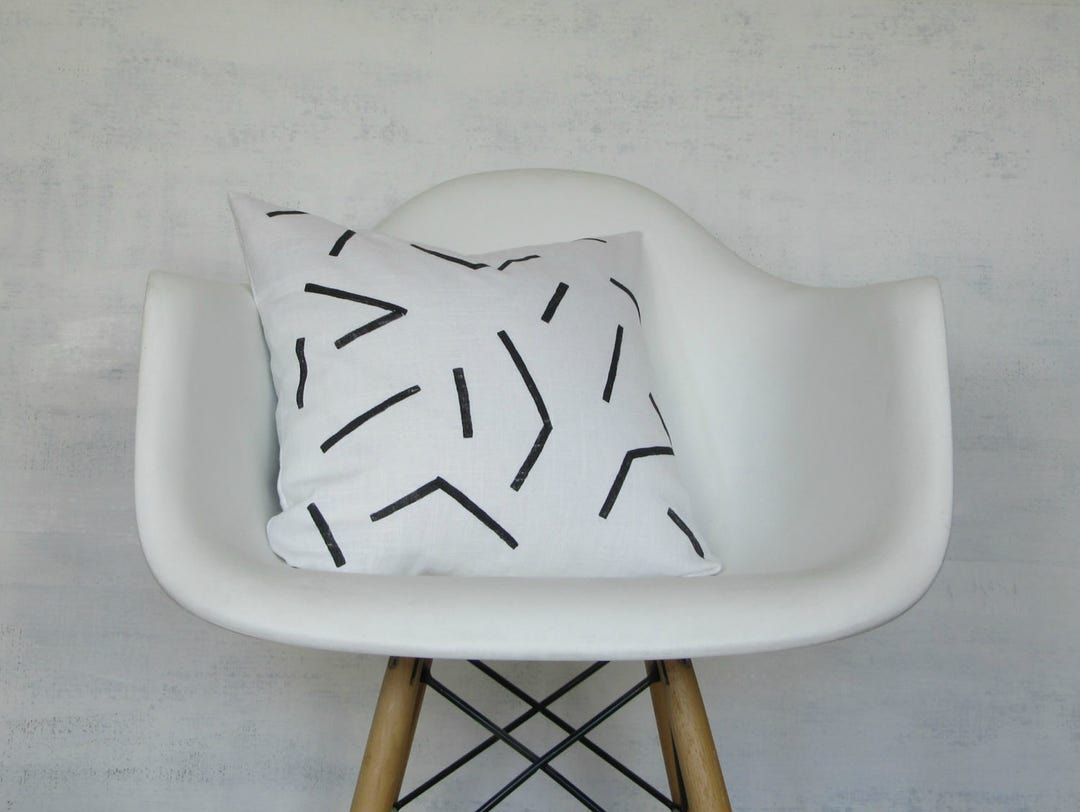White Linen Pillow Cover With Black Line Print / Block Printed ...