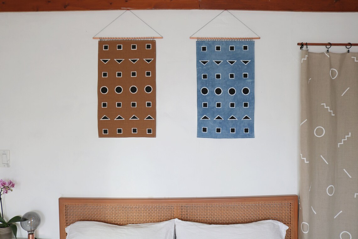 Block Printed Linen Wall Hanging / Brown Minimalist Hand Painted Block ...