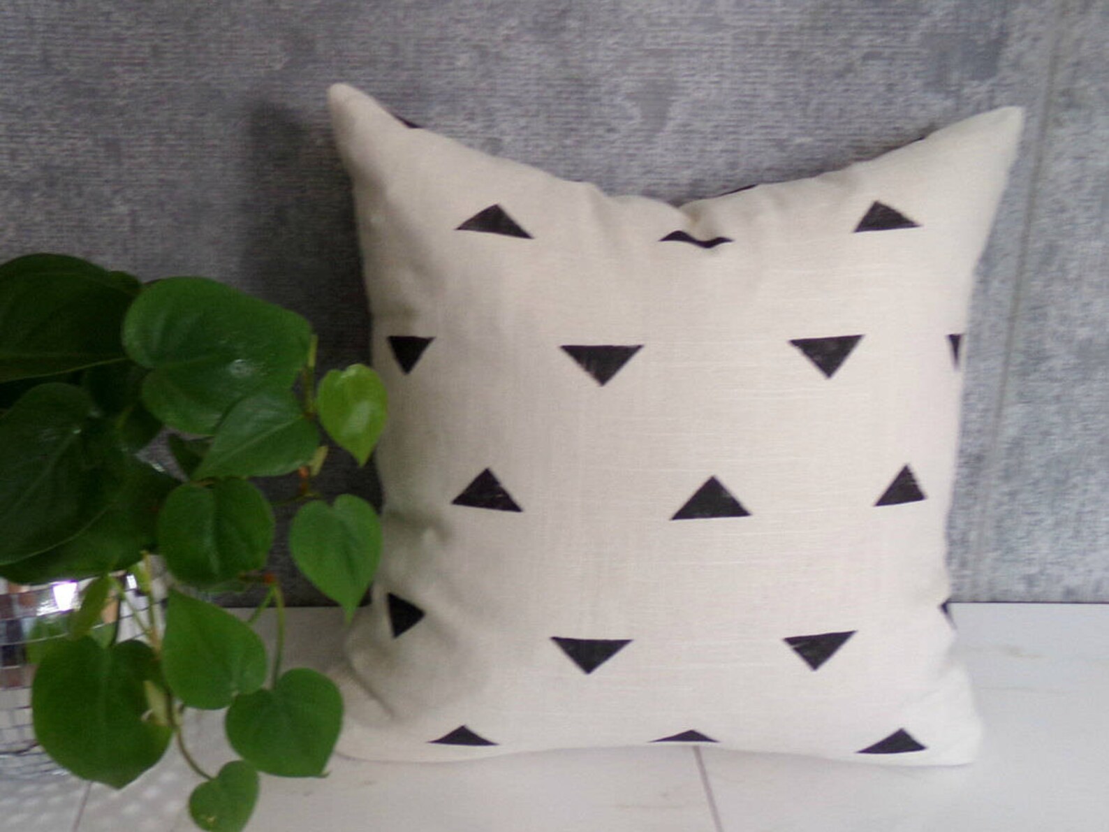 Cream Linen Black Triangle Pillow Cover / Throw Cushion Geometric Block ...