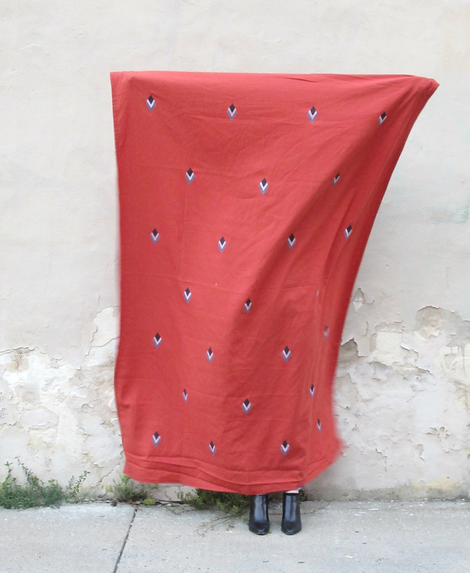 Terracotta Linen Throw / Black White Blue Diamond Block Print - Etsy