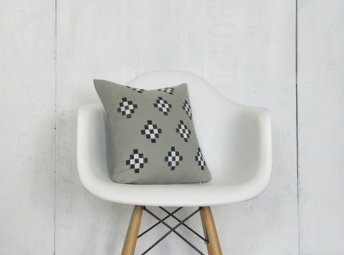 Gray Linen Pillow Cover With Black and White Print / - Etsy
