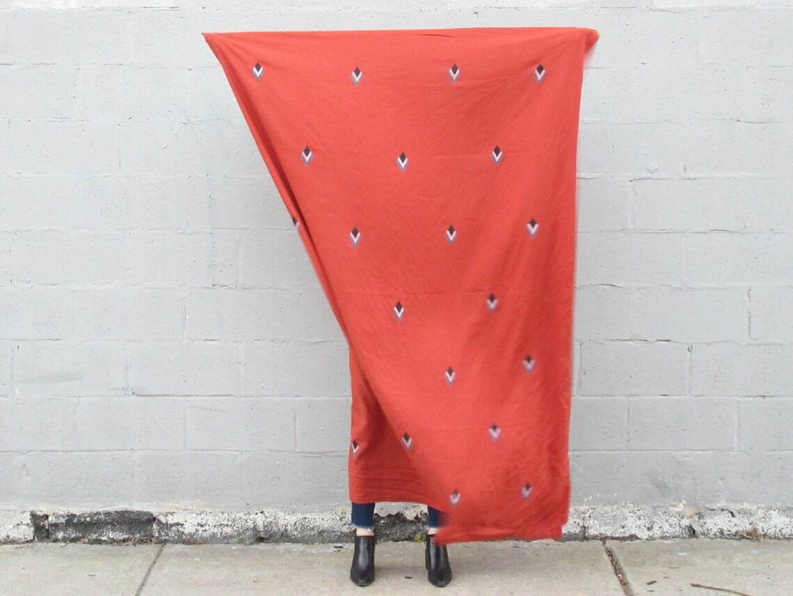 Terracotta Linen Throw / Black White Blue Diamond Block Print | Etsy