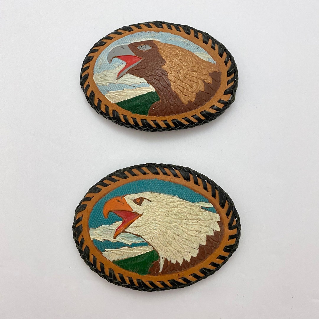 VINTAGE Tooled Leather Eagle Belt Buckle, Hand Painted, Choose From Two ...