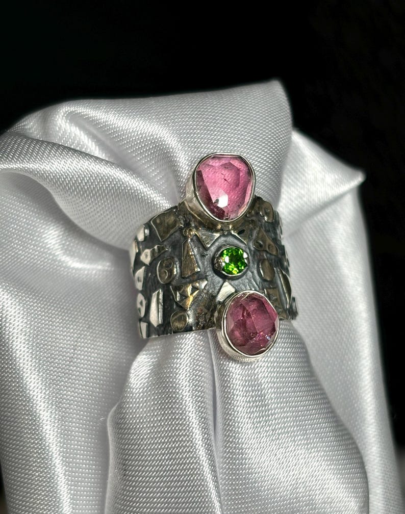 Rose Cut Pink Tourmaline Ring: Sterling Silver Chrome Diopside, Size 6. ...