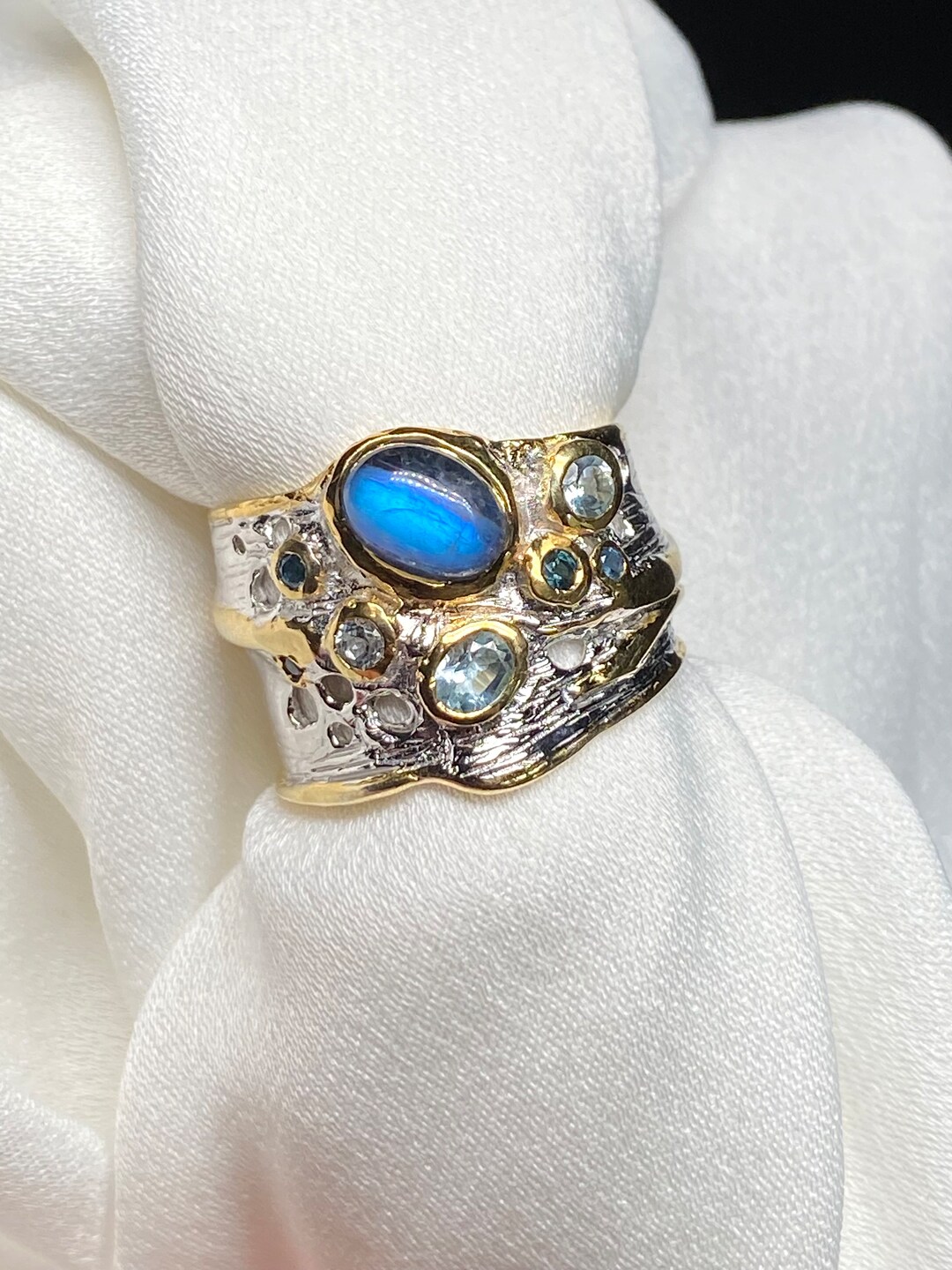 Spectrolite With Blue Sapphire and Blue Topaz Ring With Gold Accents ...