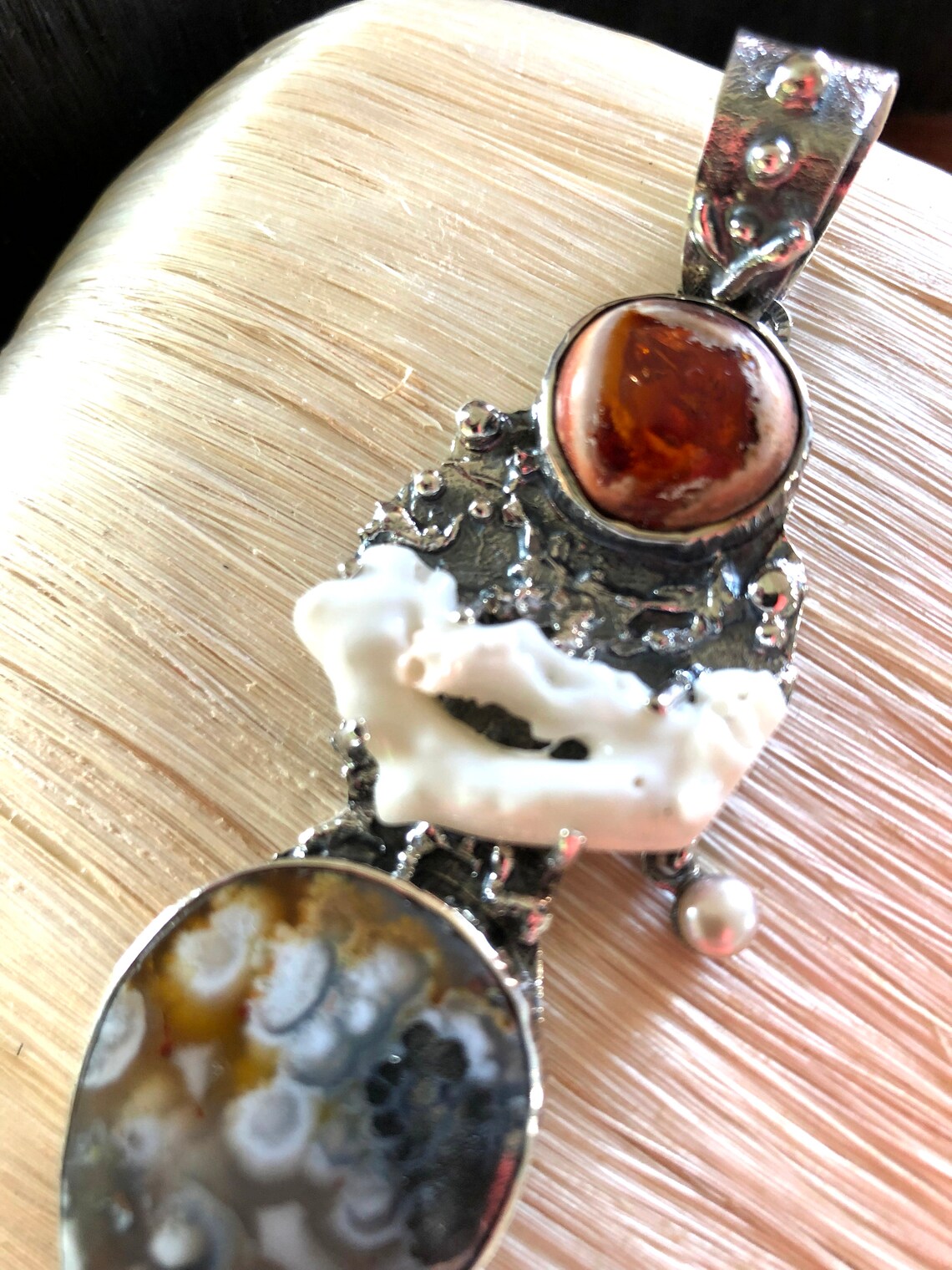 Marcasite Agate and White Coral Opal Pendant Unique Metal - Etsy