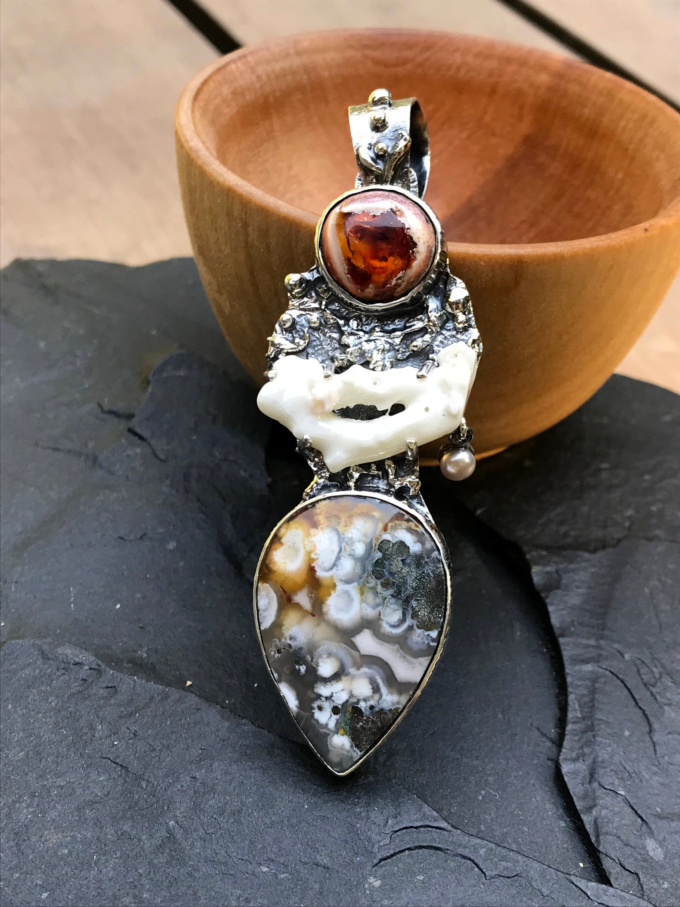 Marcasite Agate and White Coral Opal Pendant Unique Metal - Etsy