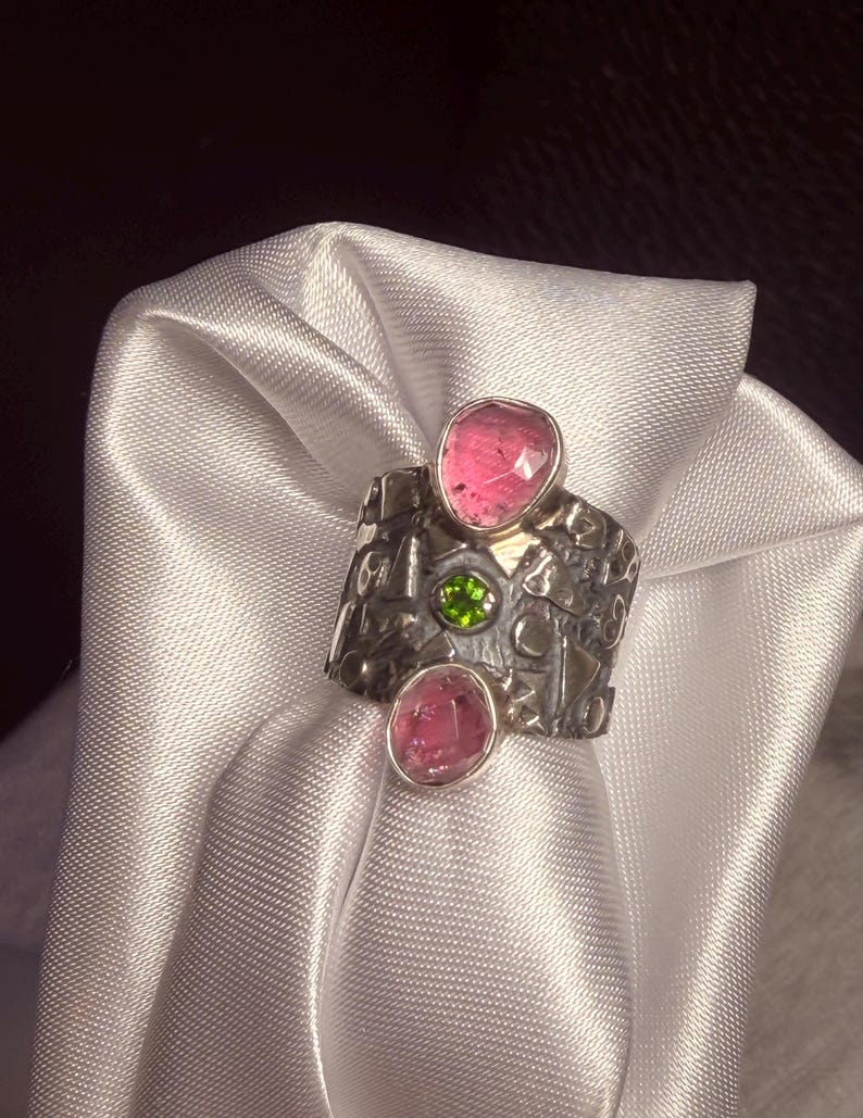 Rose Cut Pink Tourmaline Ring: Sterling Silver Chrome Diopside, Size 6. ...