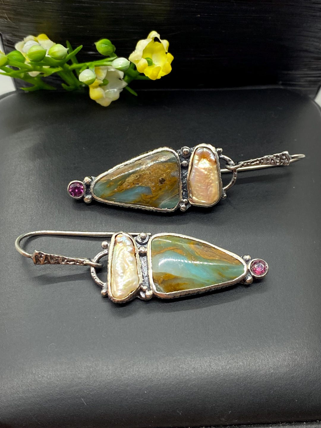 Peruvian Opal With Pearls Earrings - Artisan Gemstone Earrings - Alena ...